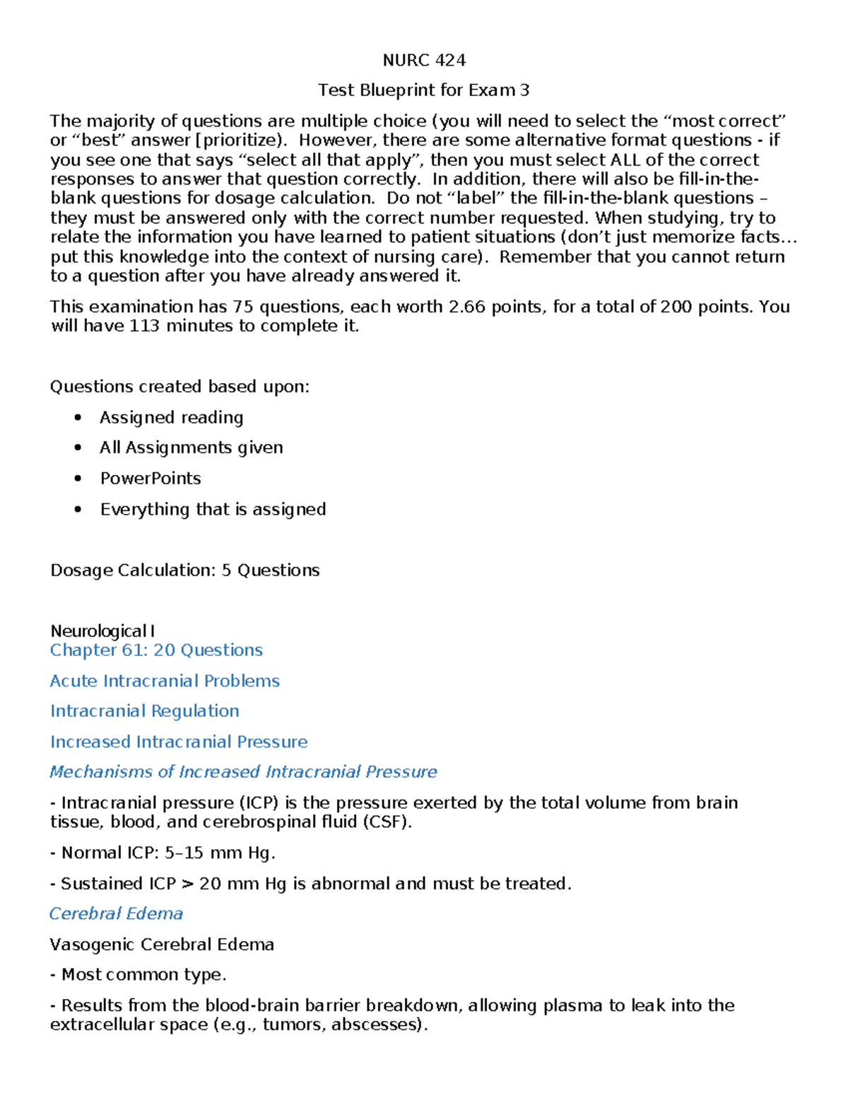 NURC 424 Exam 3 study guide: Test blueprint and key concepts - Studocu