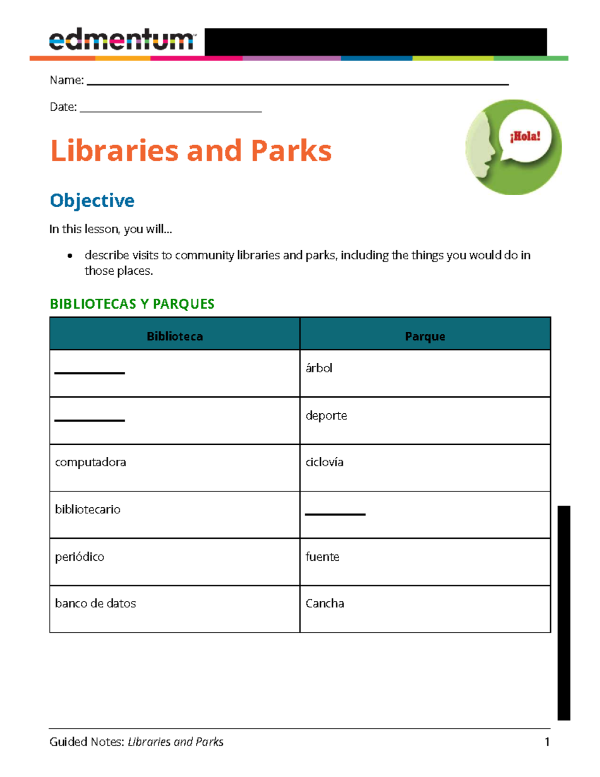 Guided Notes: Spanish 1 B1.04 - Libraries and Parks - Studocu