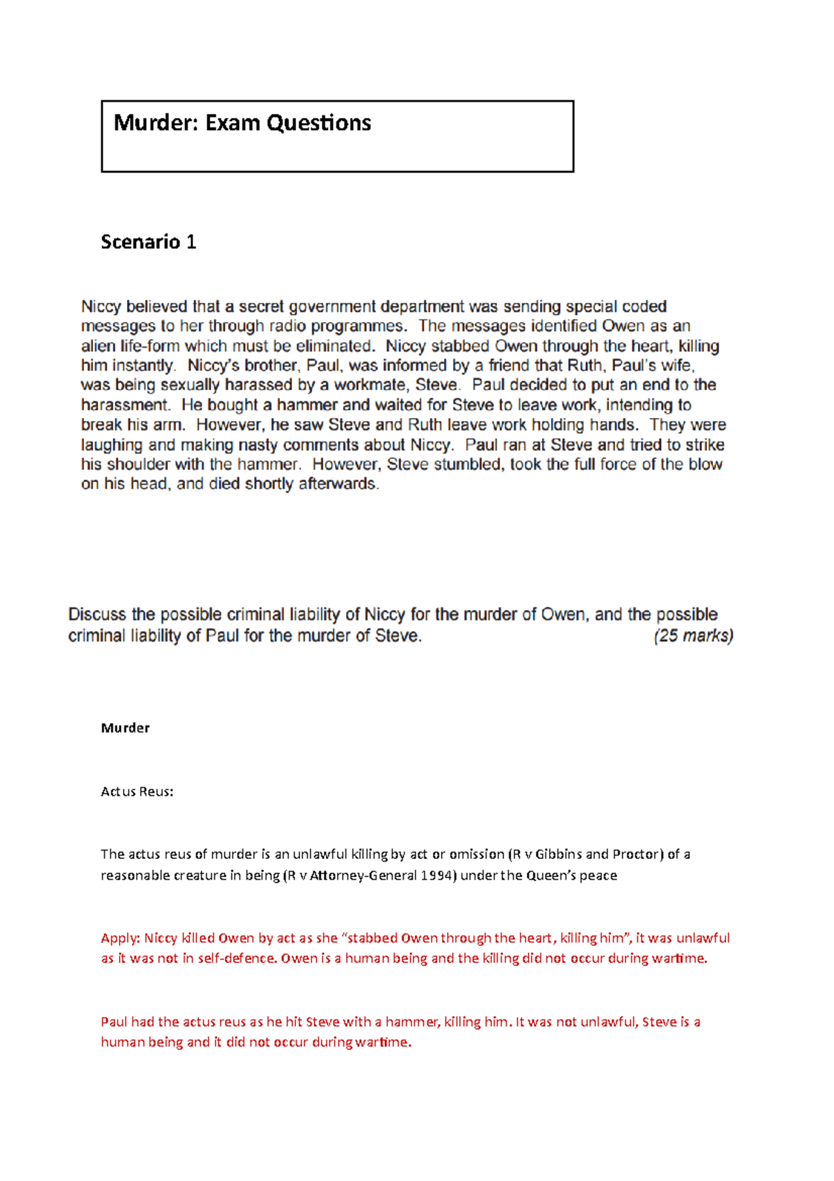Murder Law Model Answer for Exam: Actus Reus & Mens Rea Analysis - Studocu