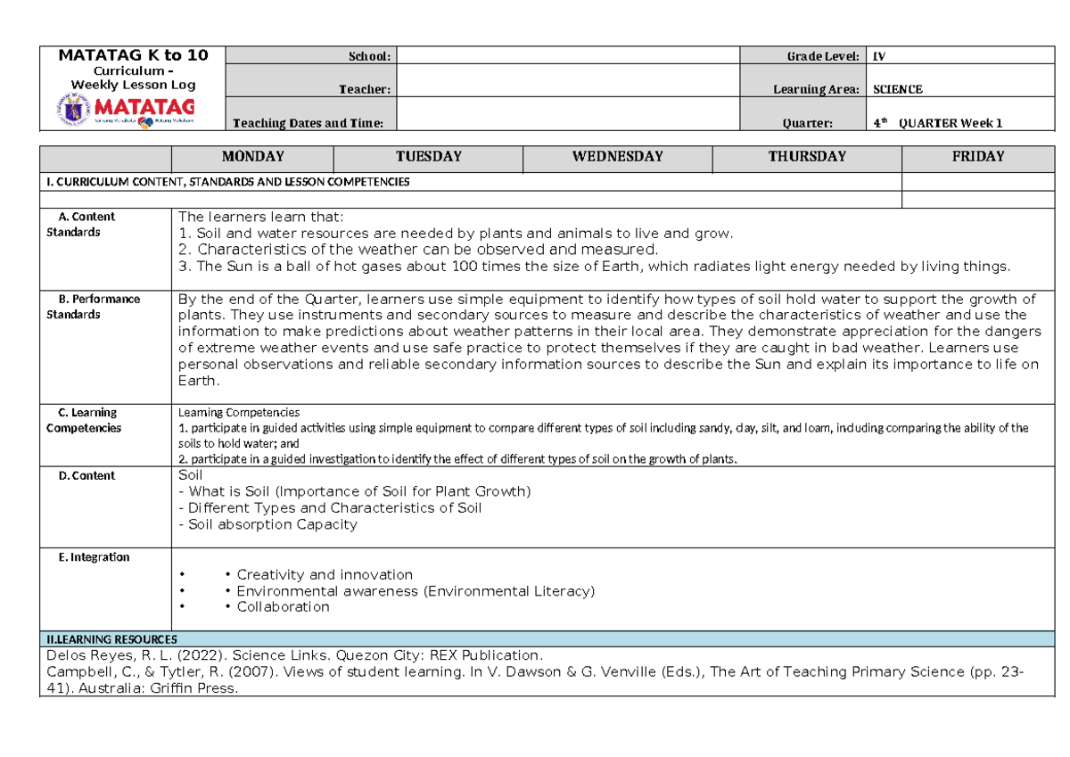 DLL Science 4 Q4 W1 - quarter 4 weekly in Grade 4 - MATATAG K to 10 Curriculum – Weekly Lesson ...