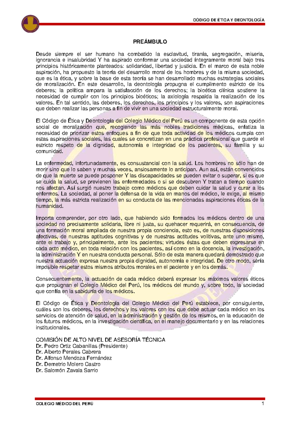 Código de Ética y Deontología del Colegio Médico del Perú: Principios y ...