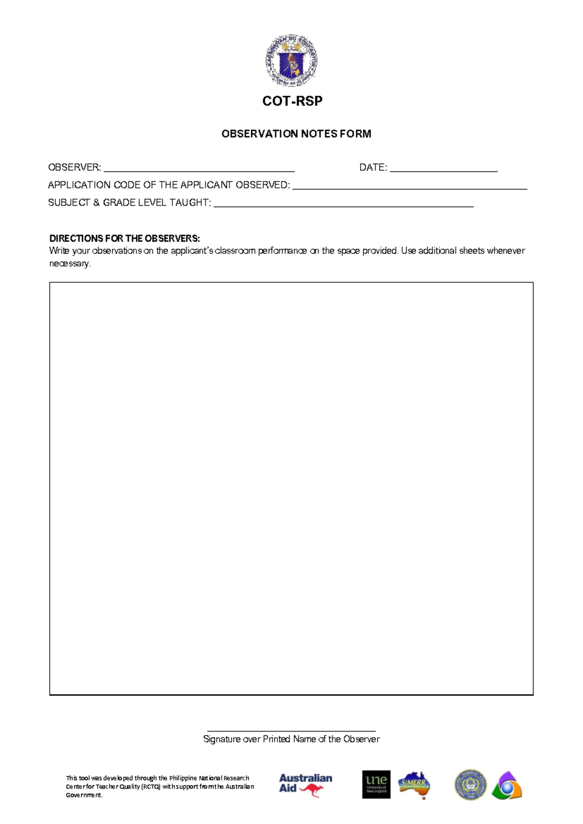 Annex-K COT-RSP-Observation-Notes-Form-1 - OBSERVATION NOTES FORM ...