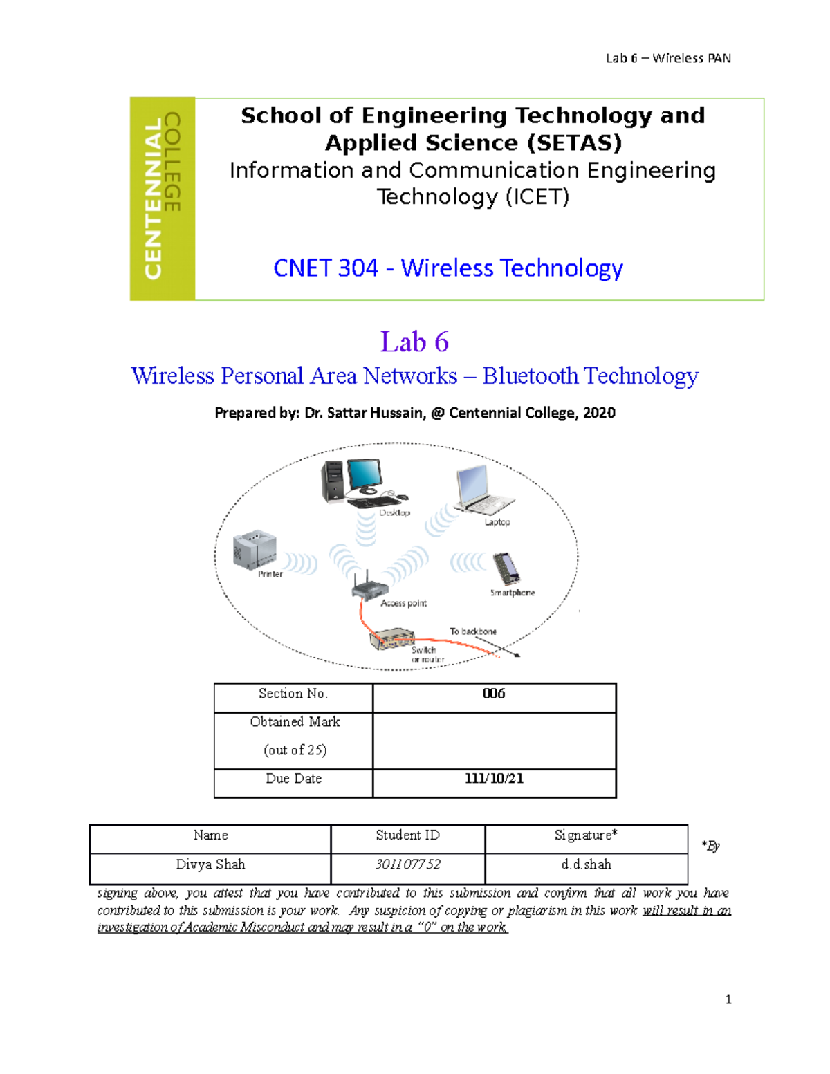 Lab 6- Wireless Technology - Lab 6 Wireless Personal Area Networks ...