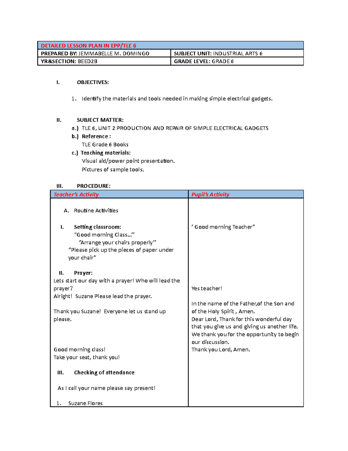 Detailed Lesson Plan on Electrical Gadgets - EPP/TLE 6 - Studocu