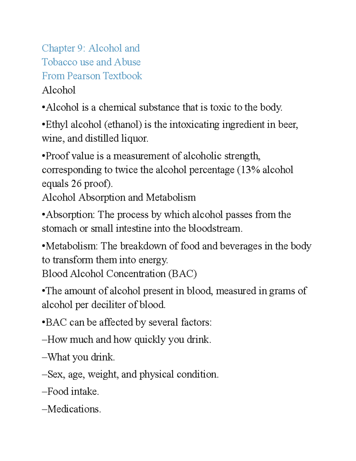 Chapter 9: Alcohol and Tobacco use and Abuse - •Ethyl alcohol (ethanol ...
