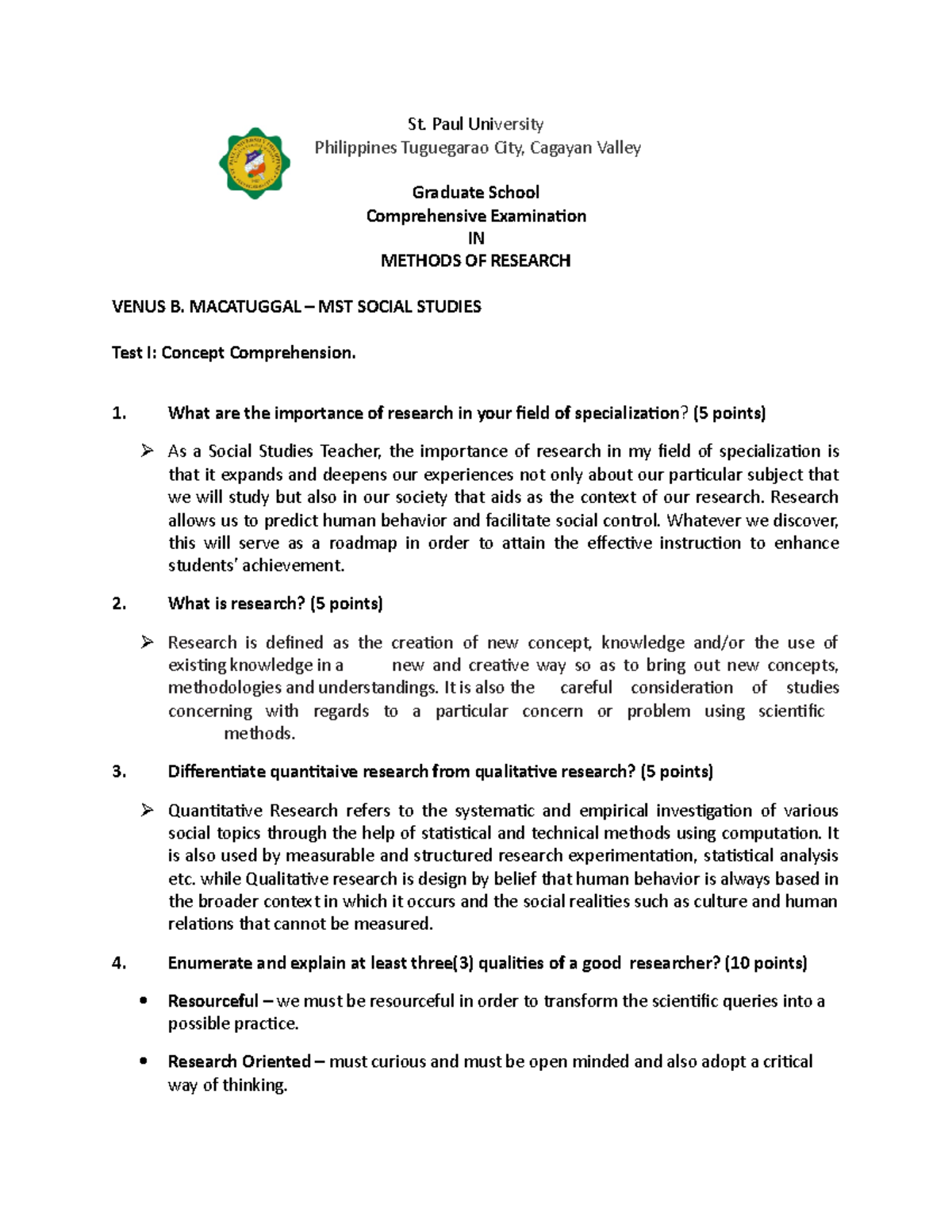 Comprehensive Examination in Methods of Research - December 2022 - Studocu