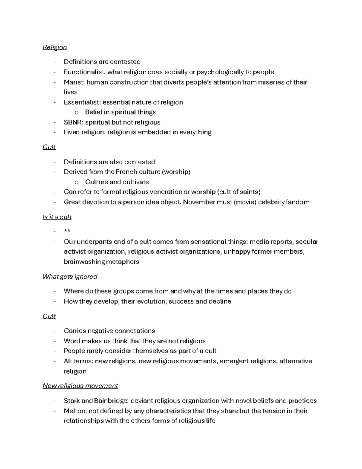 SCAR 101: Quiz 1 Notes on Religion and Cult Definitions - Studocu