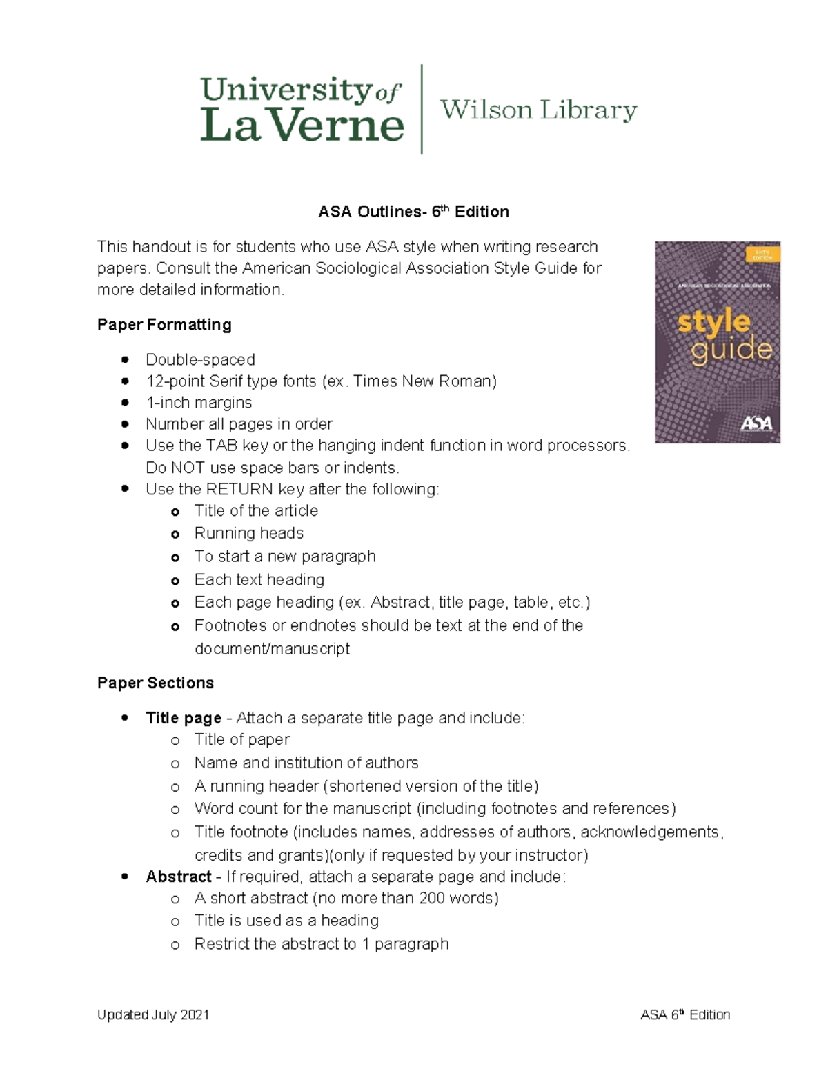 ASA 6th Edition Writing Style Guide: Formatting & Structure - Studocu