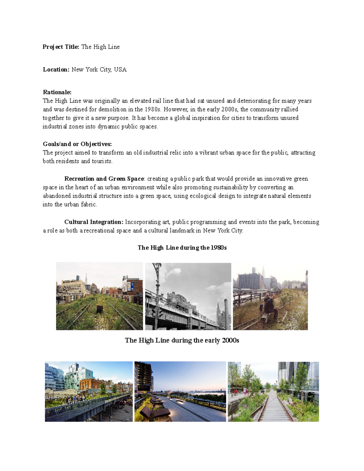 Assignment Planning - Project Title: The High Line Location: New York ...