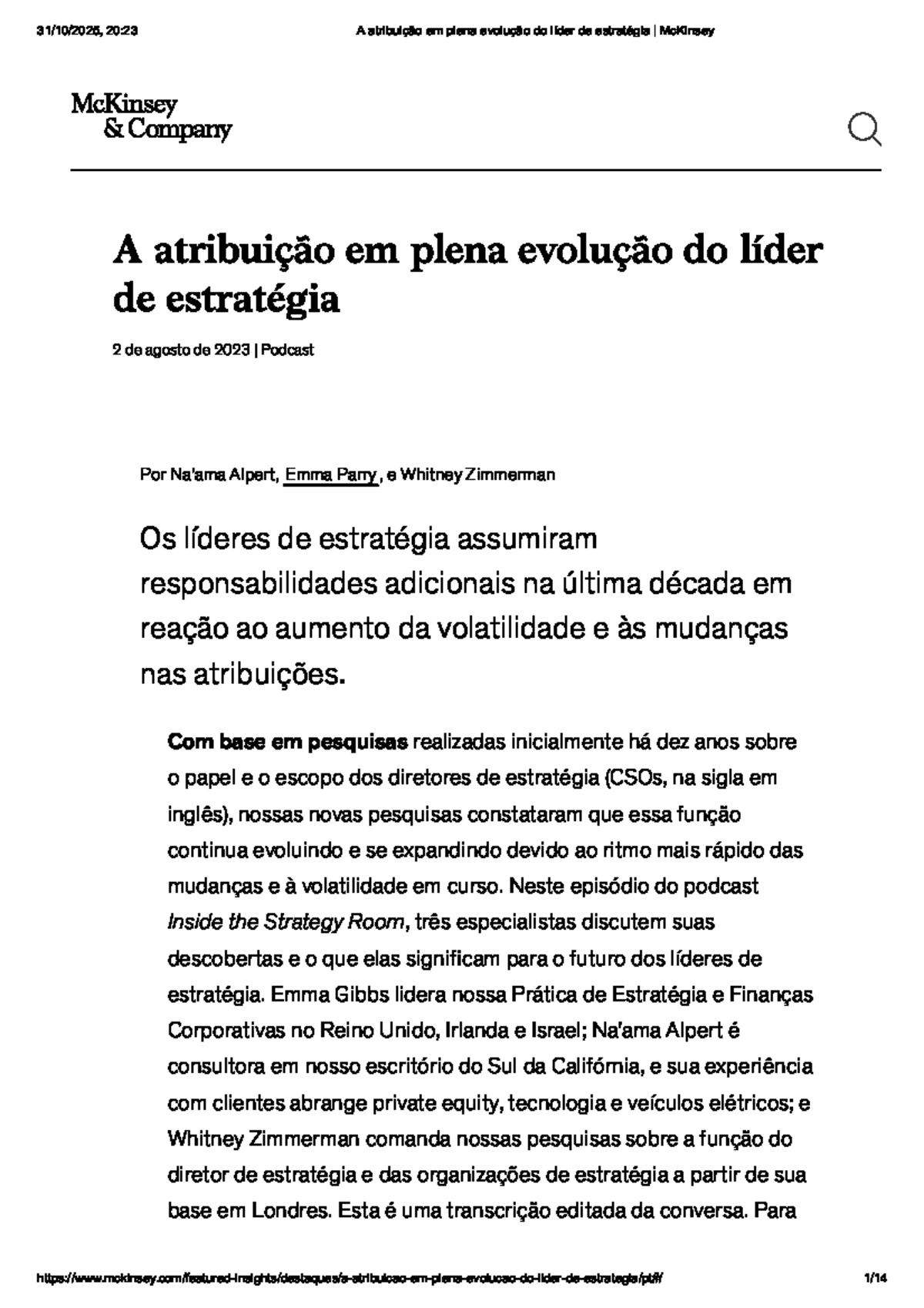 1 A atribuição em plena evolução do líder de estratégia Mc Kinsey Texto ...