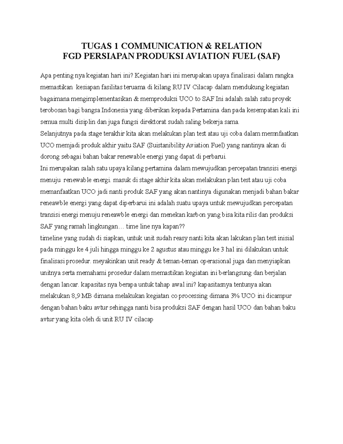 TUGAS 1: Catatan FGD Persiapan Produksi SAF di RU IV Cilacap - Studocu