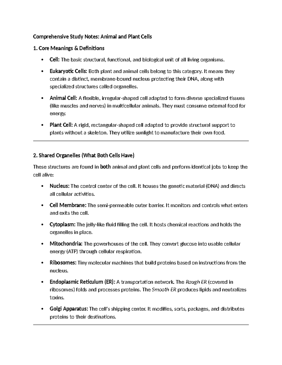 Comprehensive Study Notes: Plant & Animal Cells (BIO101) - Studocu