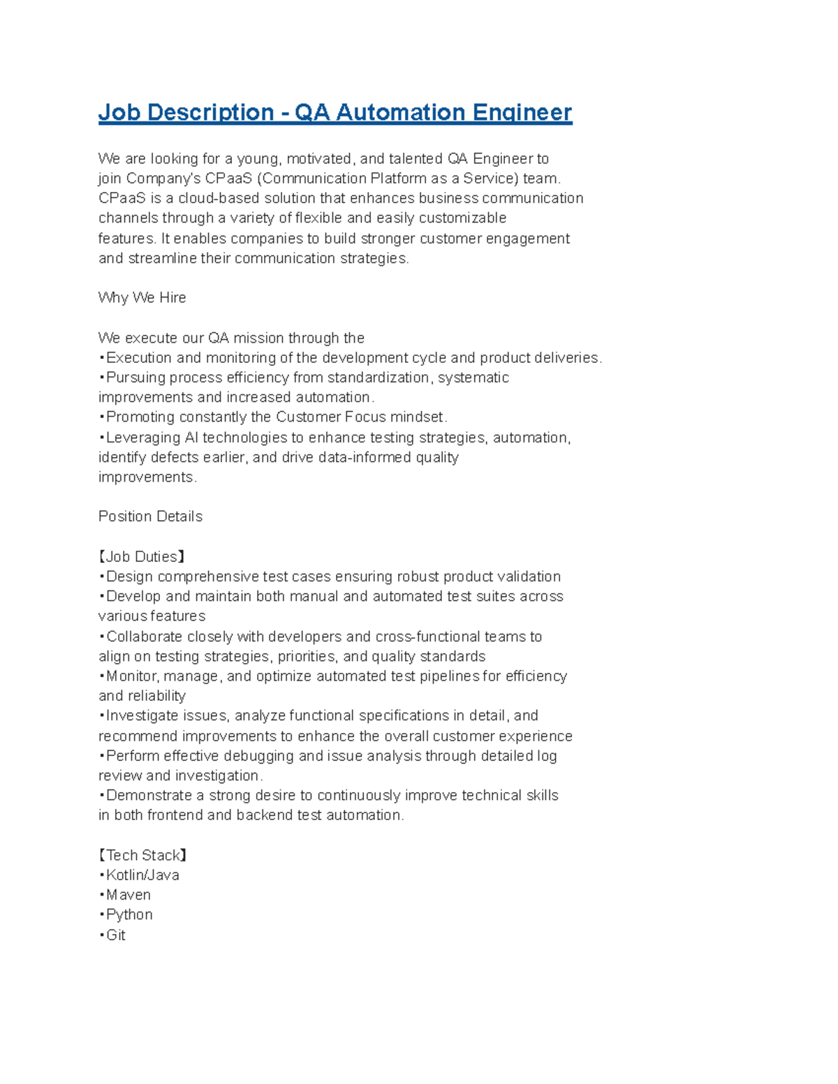 JD for QA Automation Engineer Position in CPaaS Team - Studocu