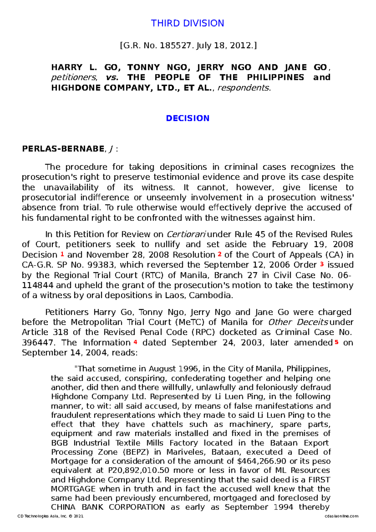 Go et al. v. People: G.R. No. 185527 - Decision on Depositions in ...