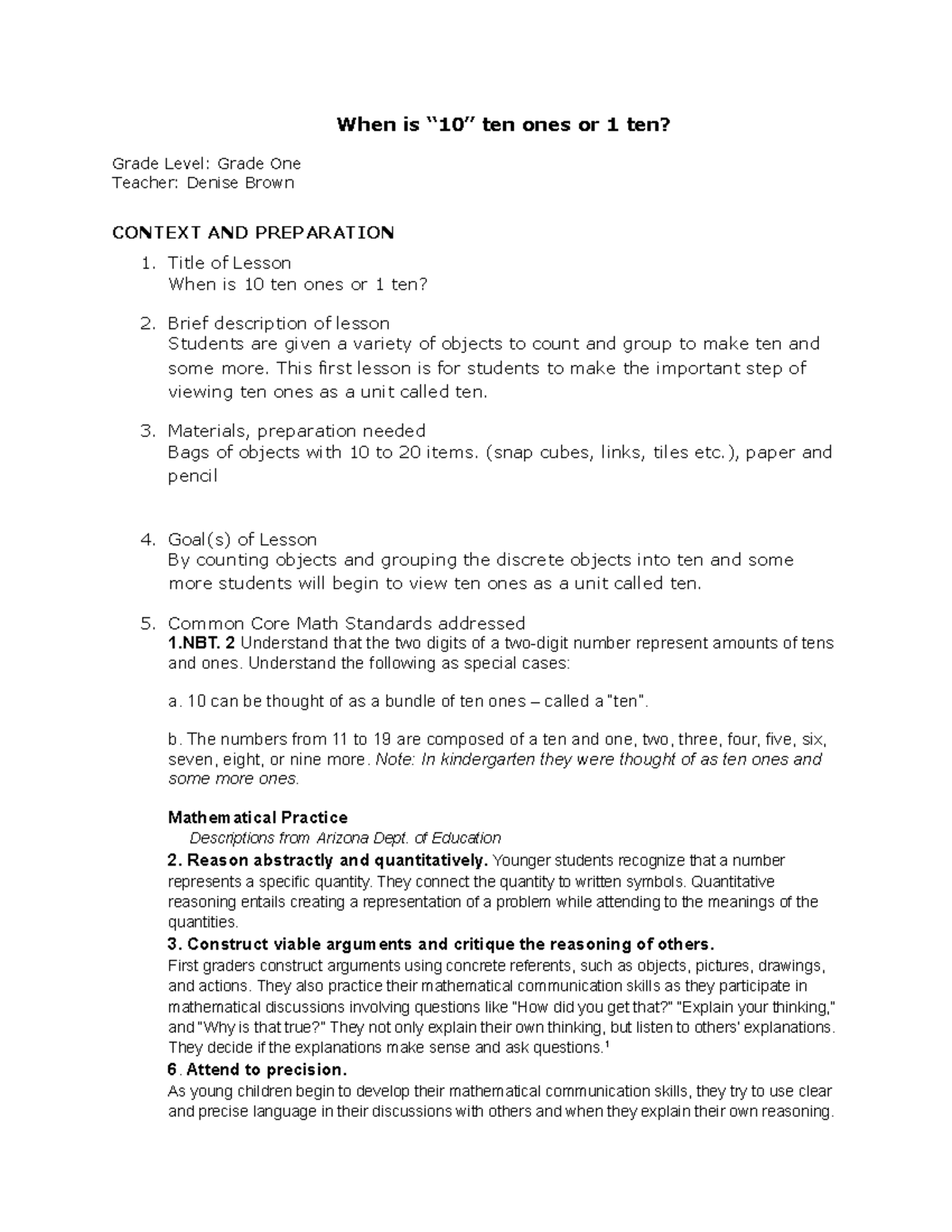 Math Lesson 10: Understanding 10 as 1 Ten or Ten Ones - Studocu
