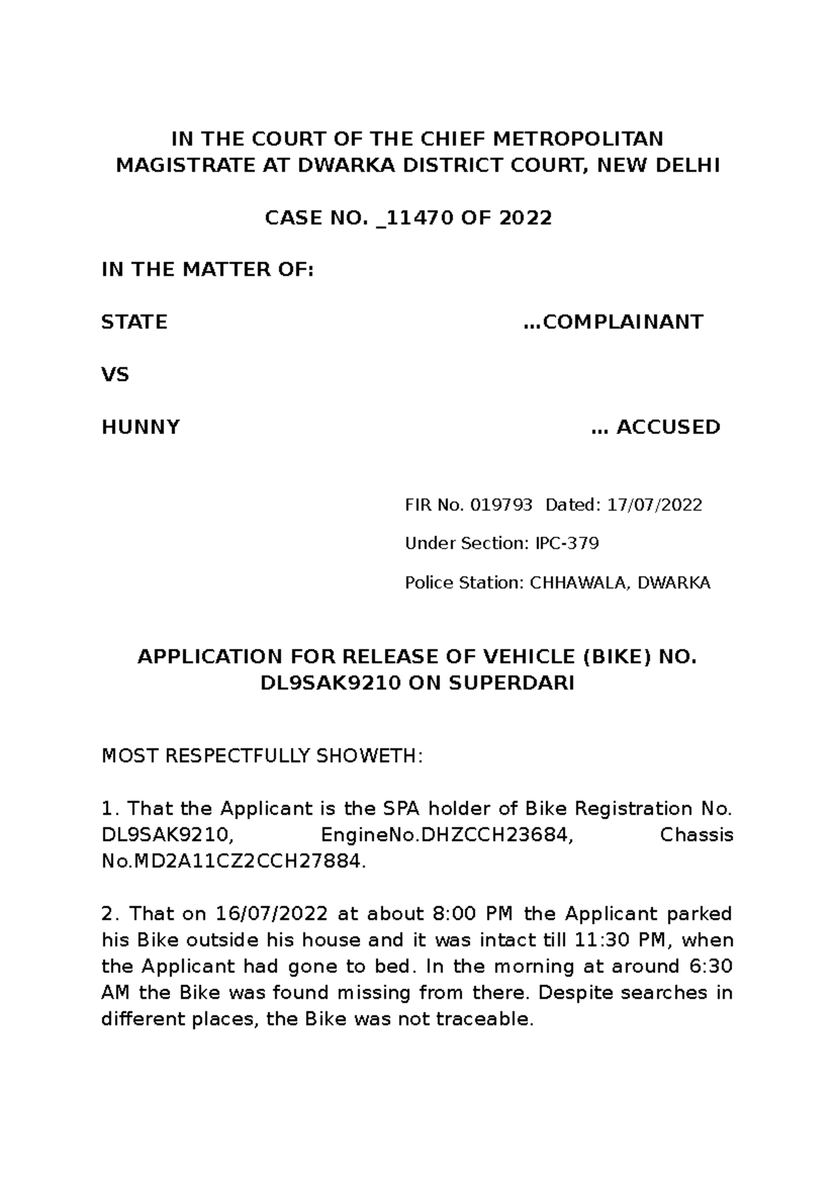 Application for Superdari Release of Bike DL9SAK9210 - Case No. 11470/2022 - Studocu
