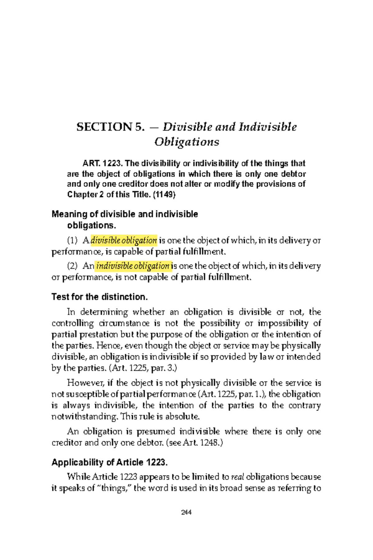 OBLIGATIONS 244: Divisible and Indivisible Obligations Explained - Studocu
