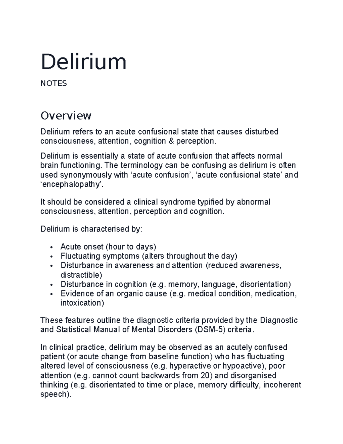Delirium Overview and Clinical Notes for MD 101 - Studocu