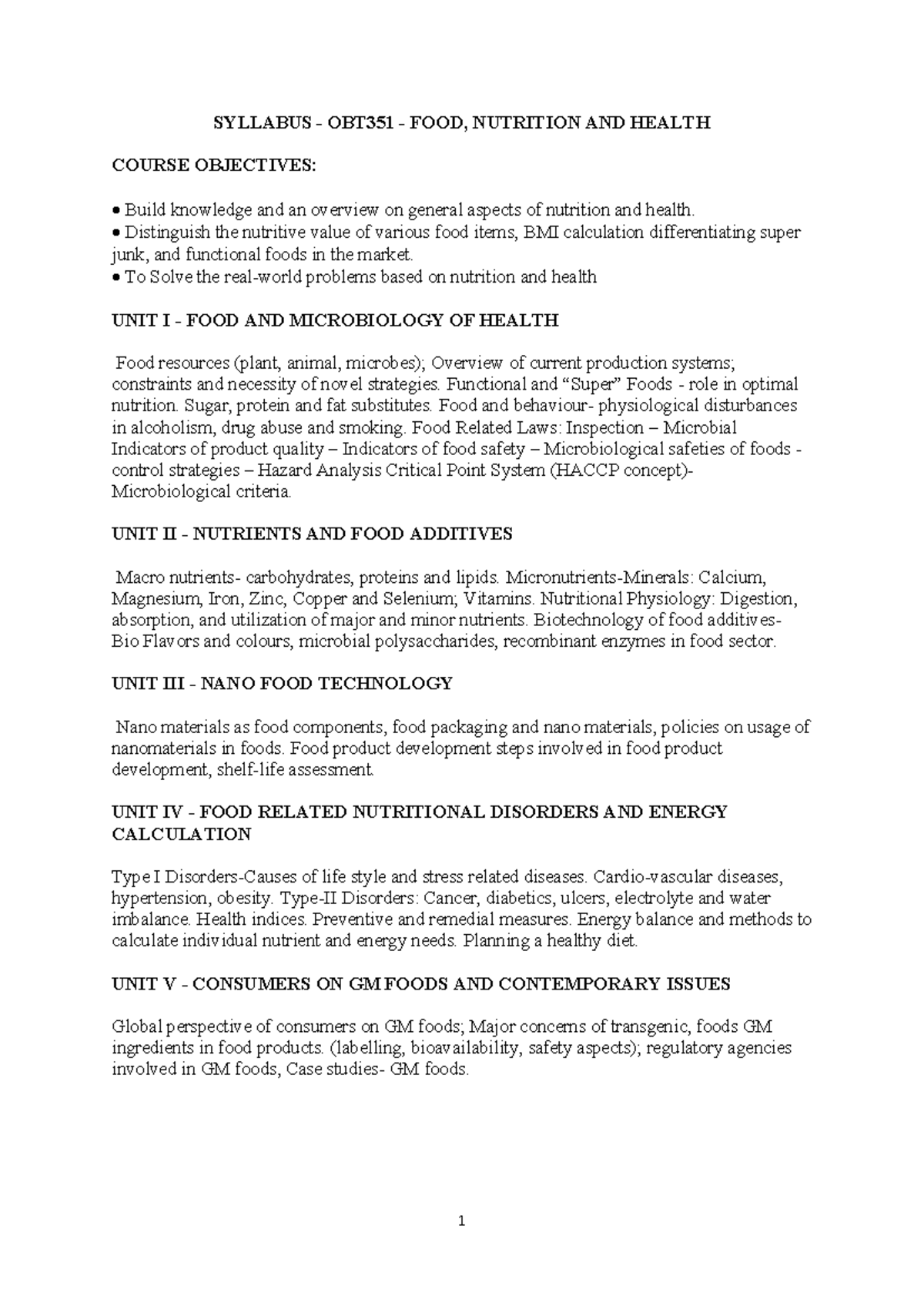 SYLLABUS OBT351 FOOD, NUTRITION AND HEALTH: Course Overview and ...