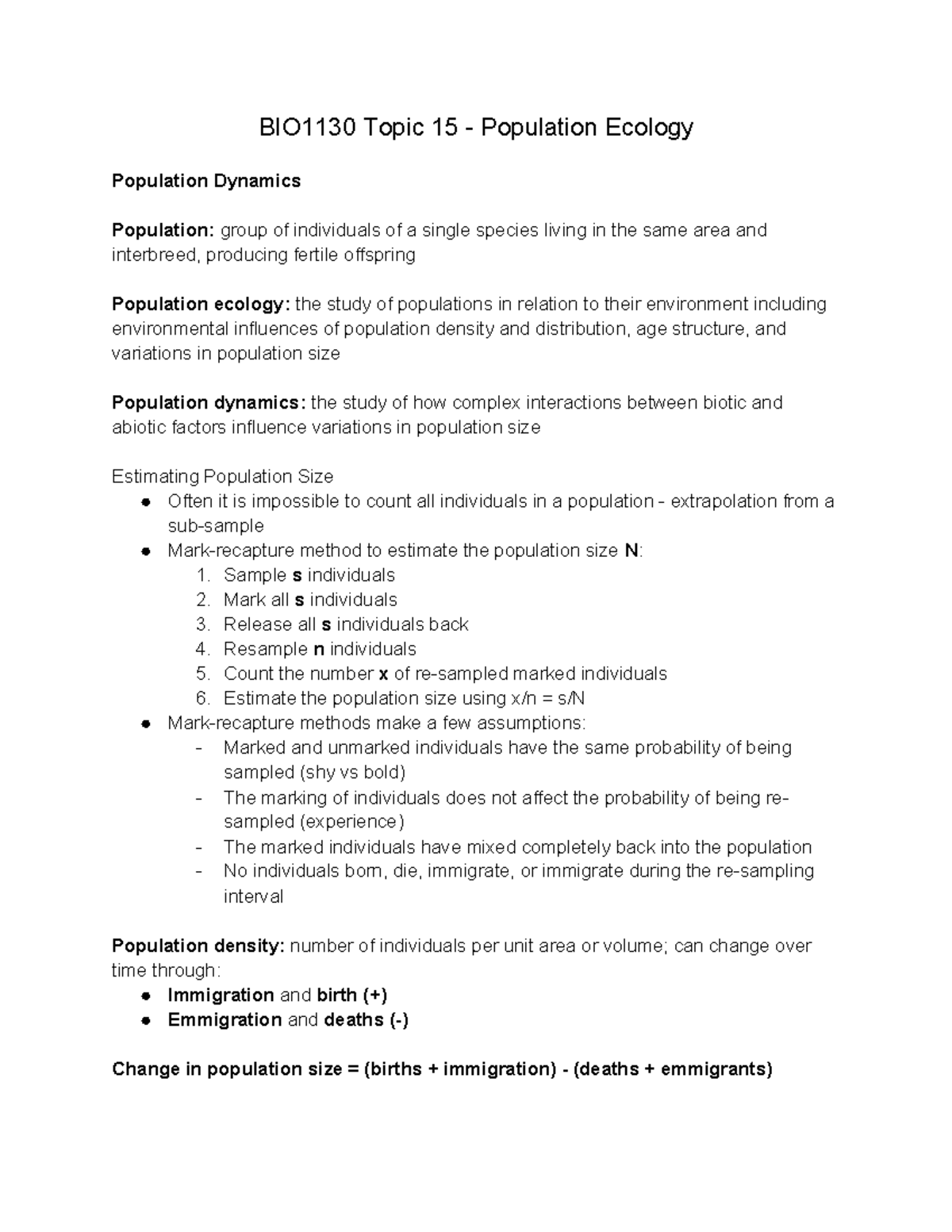 BIO1130 Topic 15 - BIO1130 Topic 15 - Population Ecology Population ...