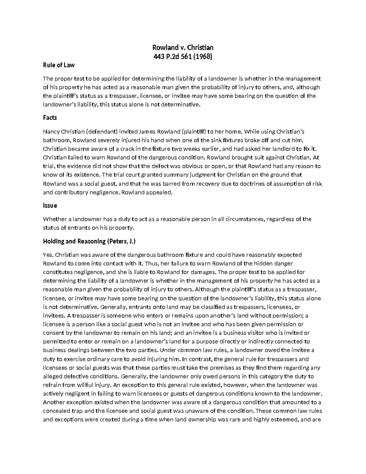 Rowland v Christian Landowner Special Duty of Care - Rowland v ...