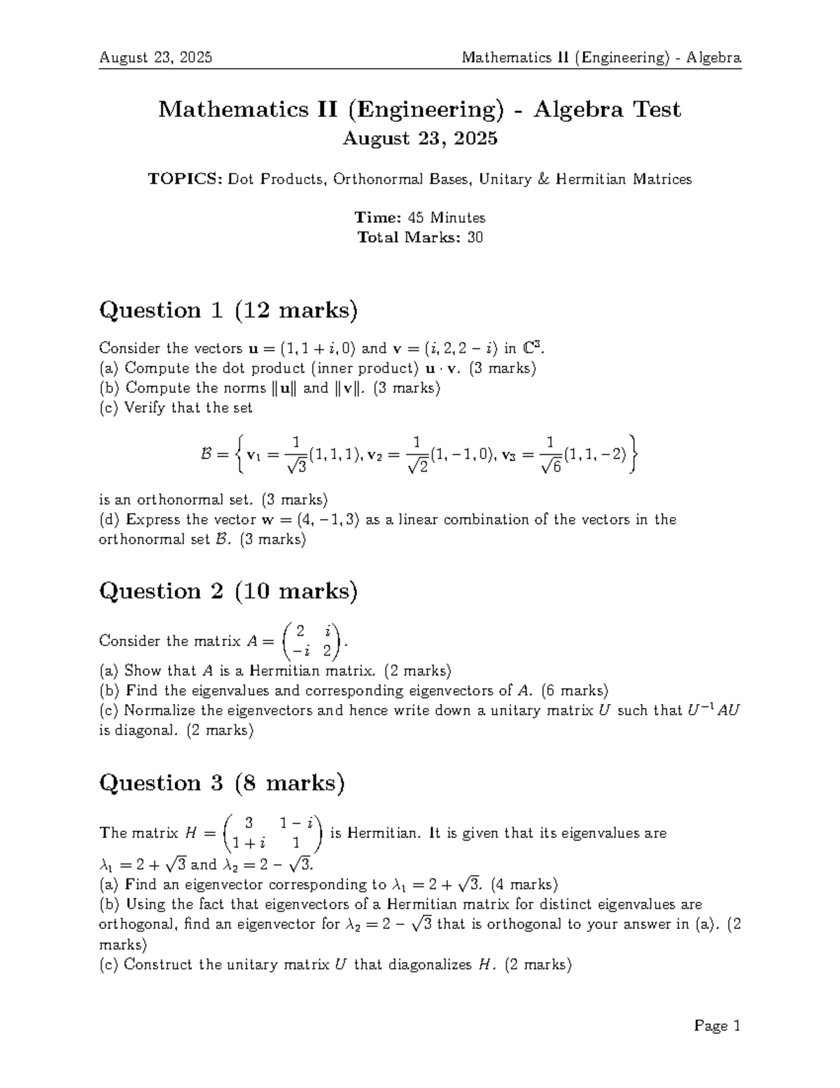 Mathematics II (Eng) Algebra Test - Practice Test (Aug 23, 2025) - Studocu