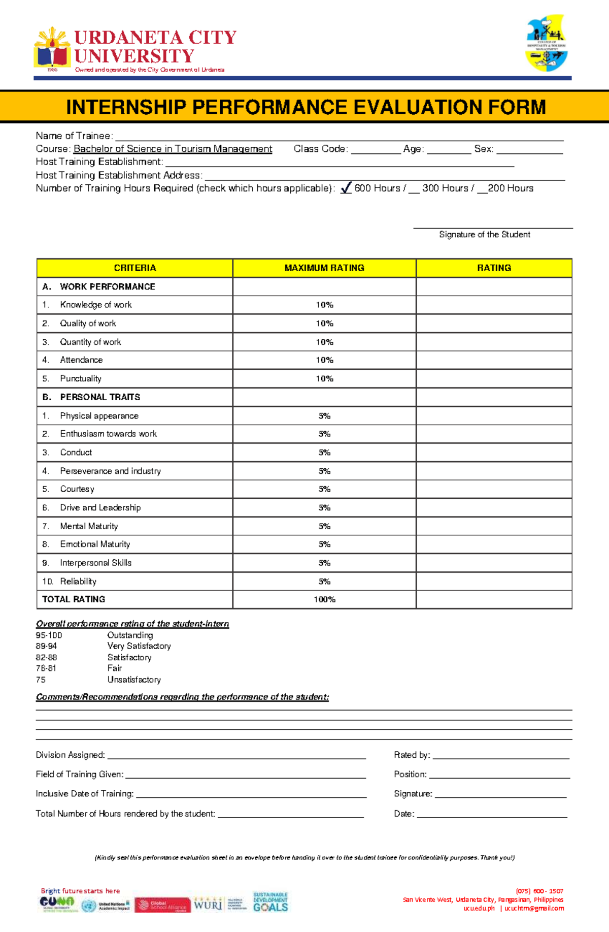 BSTM Internship Performance Evaluation Form - Studocu