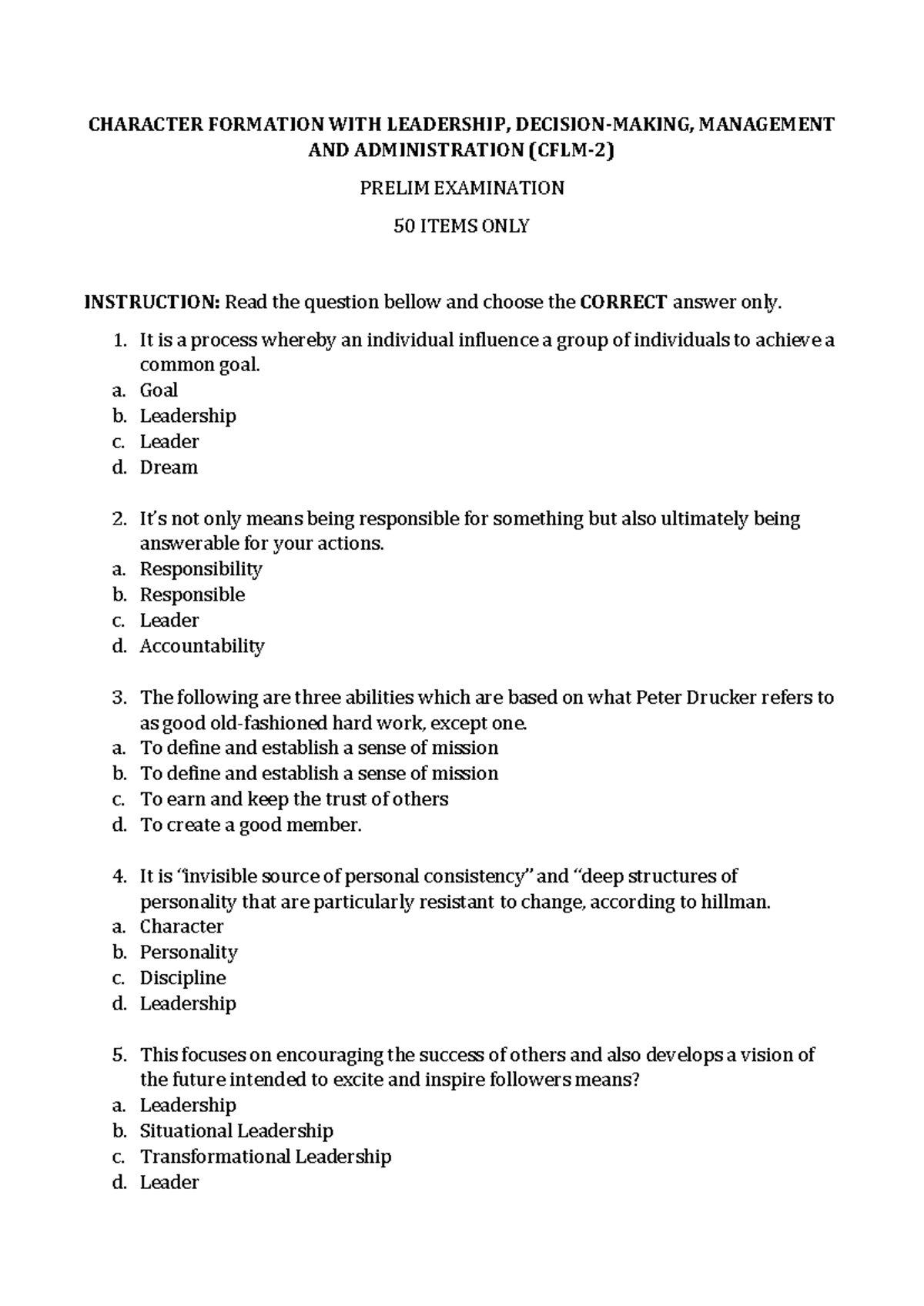 CFLM-2 Prelim Exam - Leadership & Character Formation Notes - Studocu