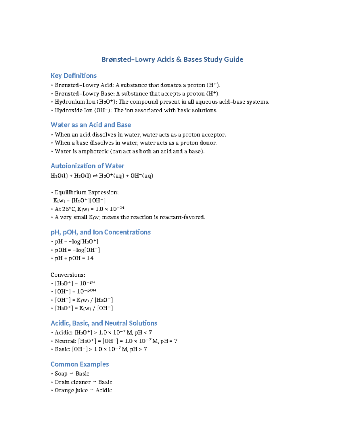 Bronsted-Lowry Acids & Bases Study Guide - Studocu