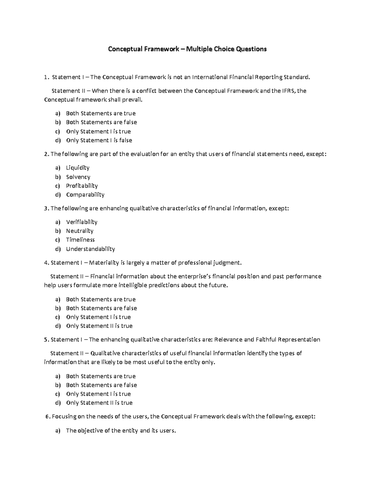 Conceptual Framework Quiz - Key Questions and Answers for Accountancy - Studocu