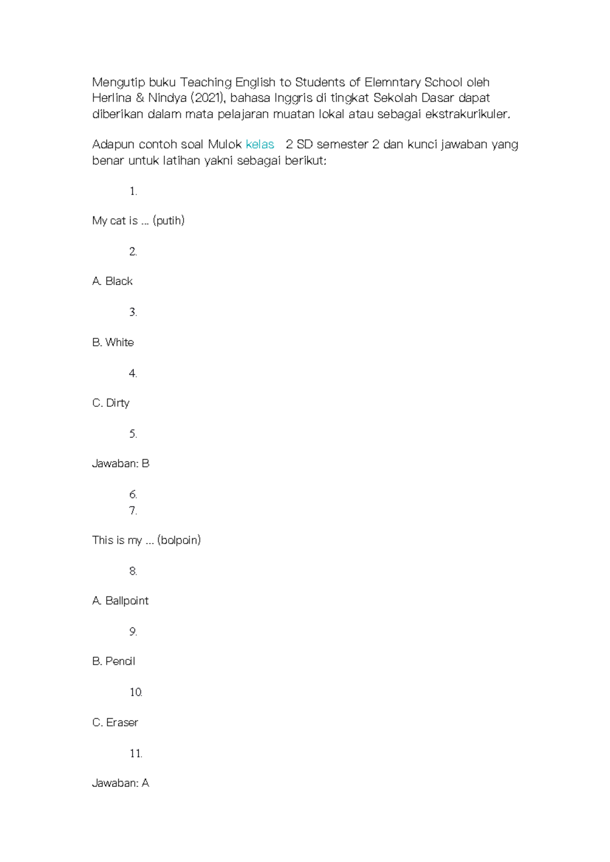 Soal Teka-Teki Mulok Kelas 2 SD Semester 2 dan Kunci Jawaban - Studocu