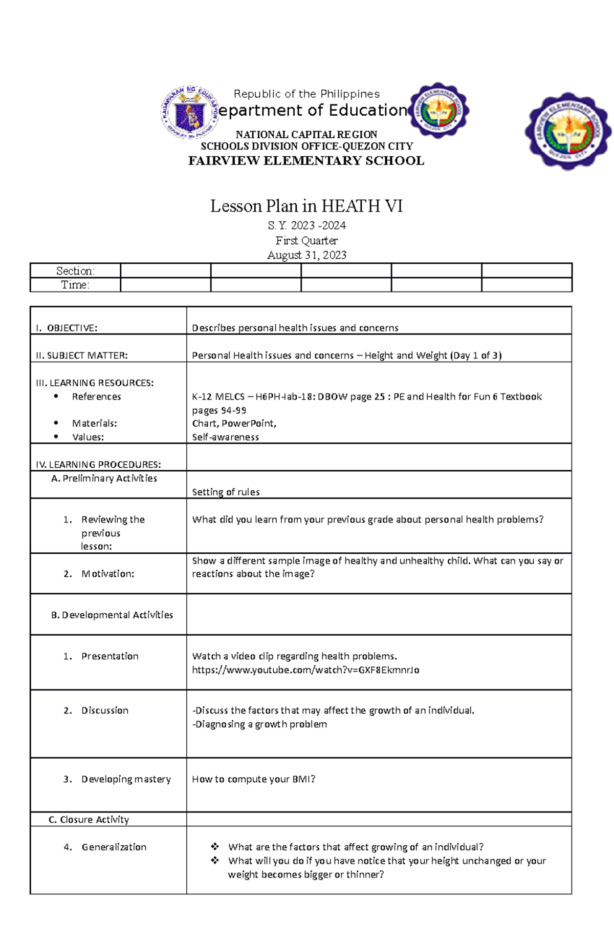 DLP Health 6 Q1 W1 - Lesson Plan on Personal Health Issues - Studocu