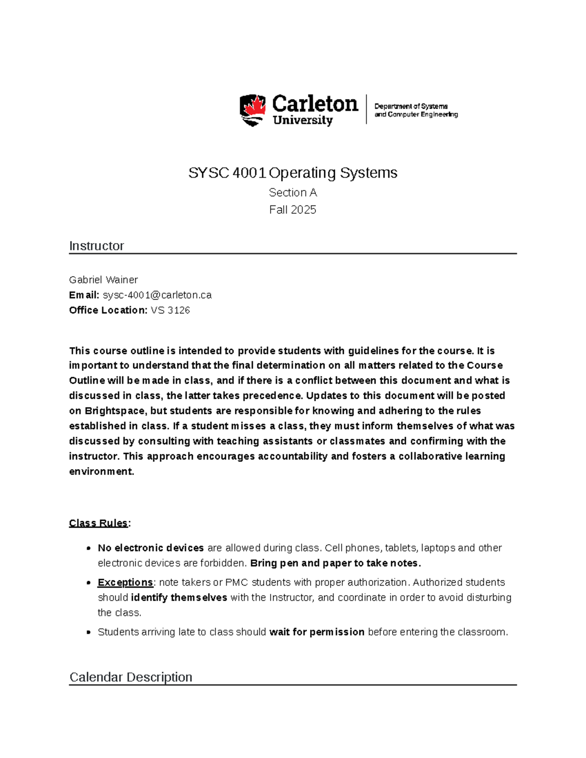 Fall 2025 SYSC 4001 A Operating Systems Course Outline and Guidelines - Studocu
