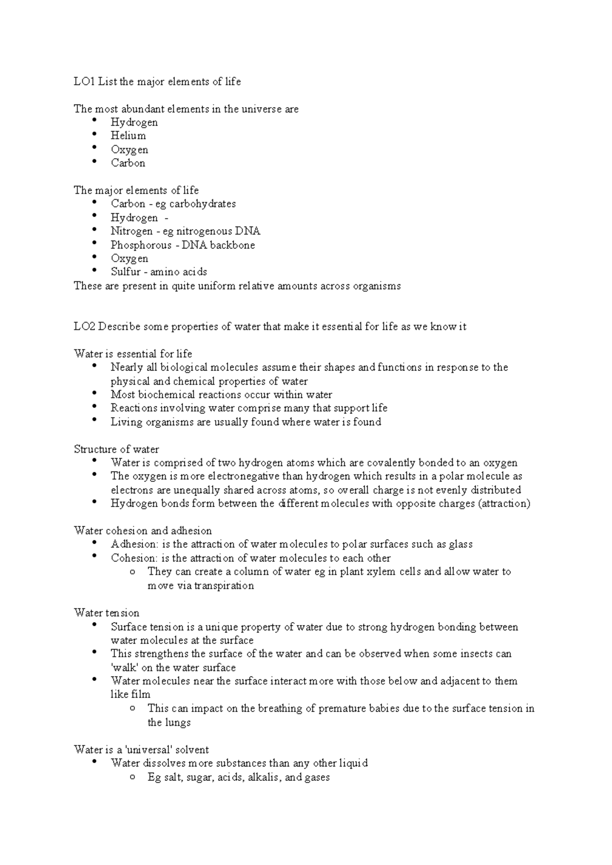 Biology 101: Major Elements of Life and Water Properties - Studocu