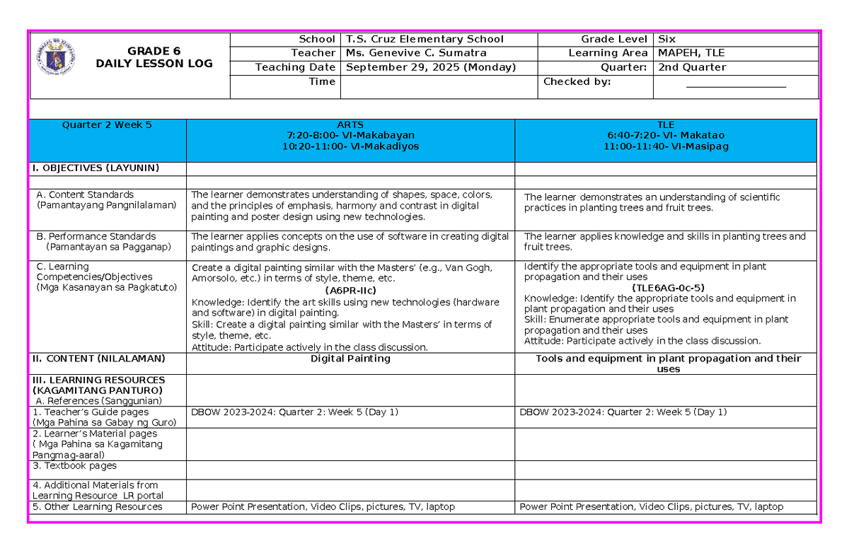 GRADE 6 DAILY LESSON LOG: MAPEH & TLE - Quarter 2, Week 5 - Studocu
