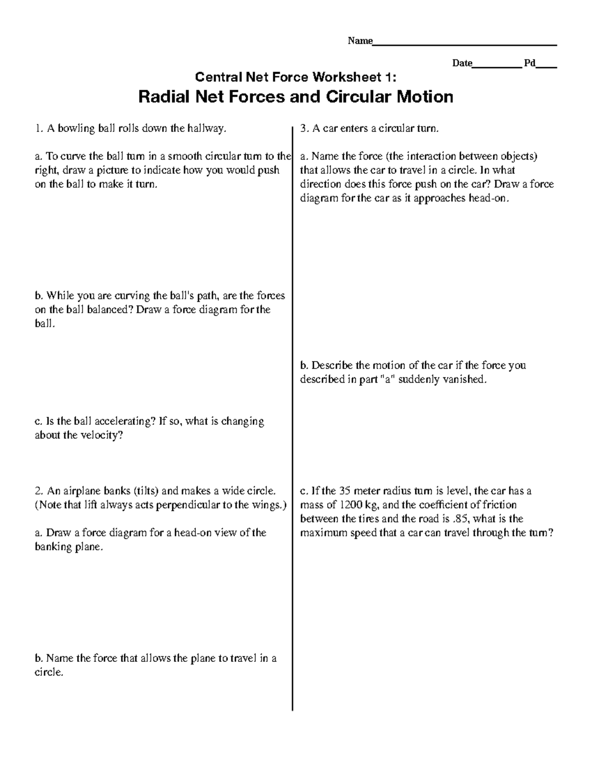 AF 1 - Central Forces Worksheet: Radial Net Forces & Circular Motion ...