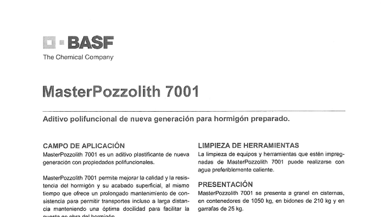 BASF MasterPozzolith 7001: Ficha Técnica del Aditivo Polifuncional ...