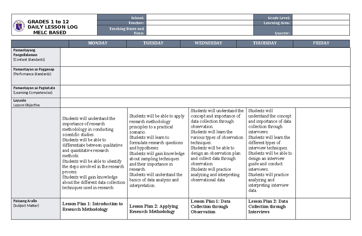 WEEK 2 - DAILY LESSON LOG: RESEARCH METHODOLOGY (GRADES 1-12) - Studocu