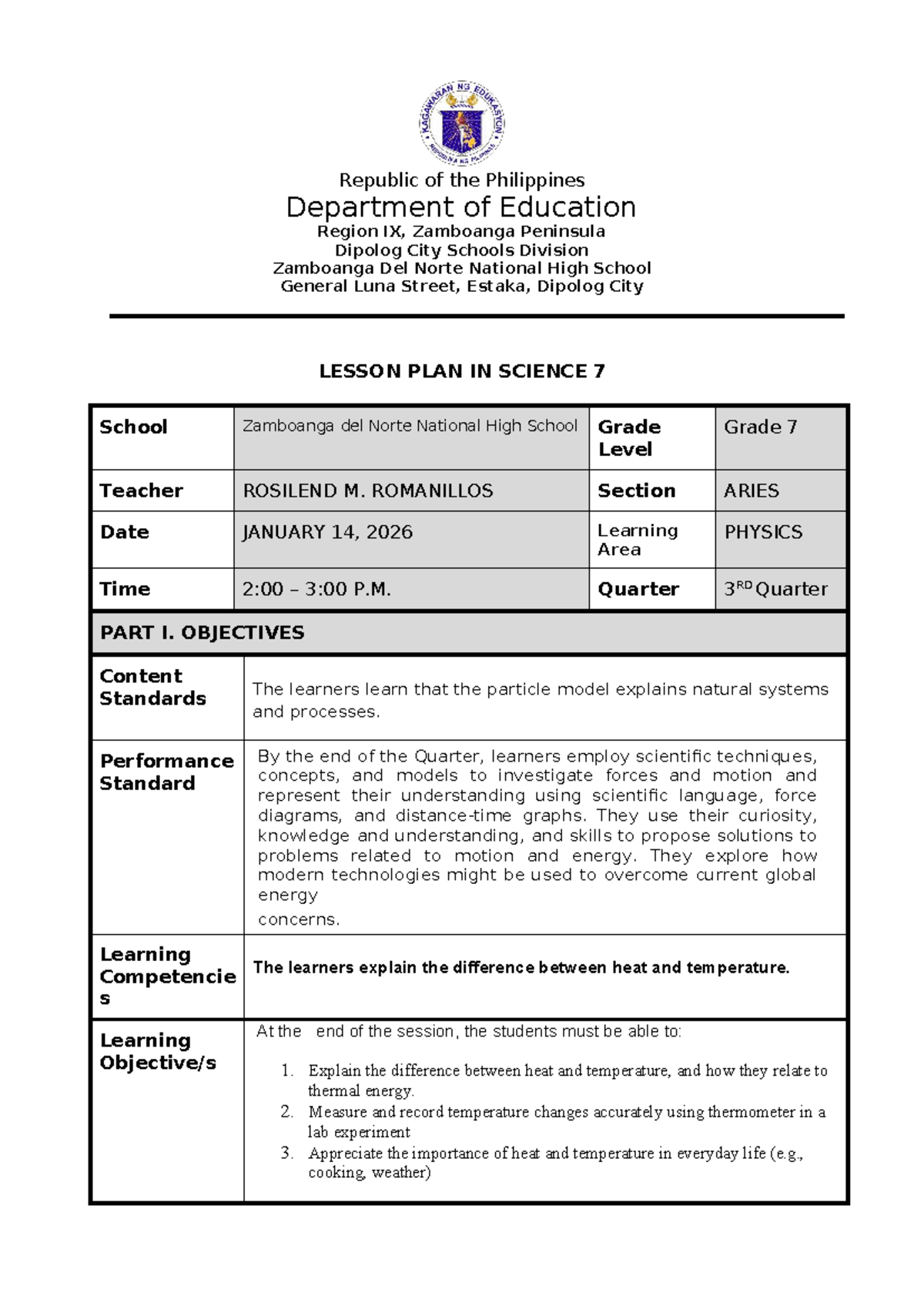 Final Lesson Plan in Science 7: Investigating Heat & Temperature - Studocu