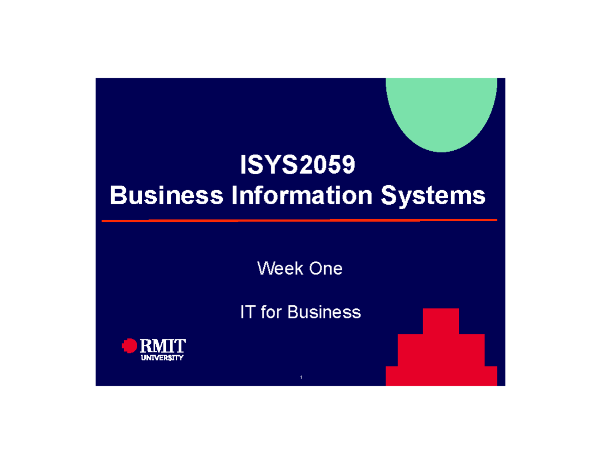 BIS WEEK 1 - 5 LECTURE SLIDES - 1 1 ISYS Business Information Systems Week One IT for Business 2 ...
