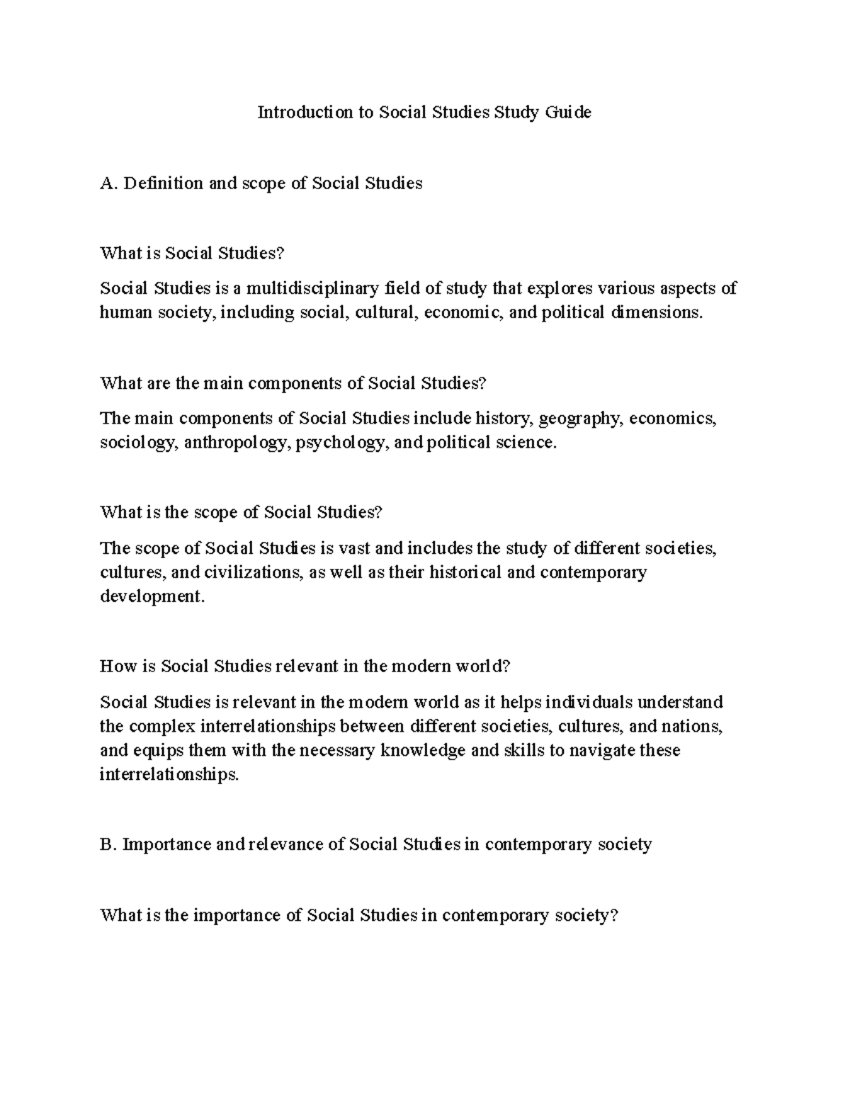 Introduction to Social Studies Study Guide - Definition and scope of ...