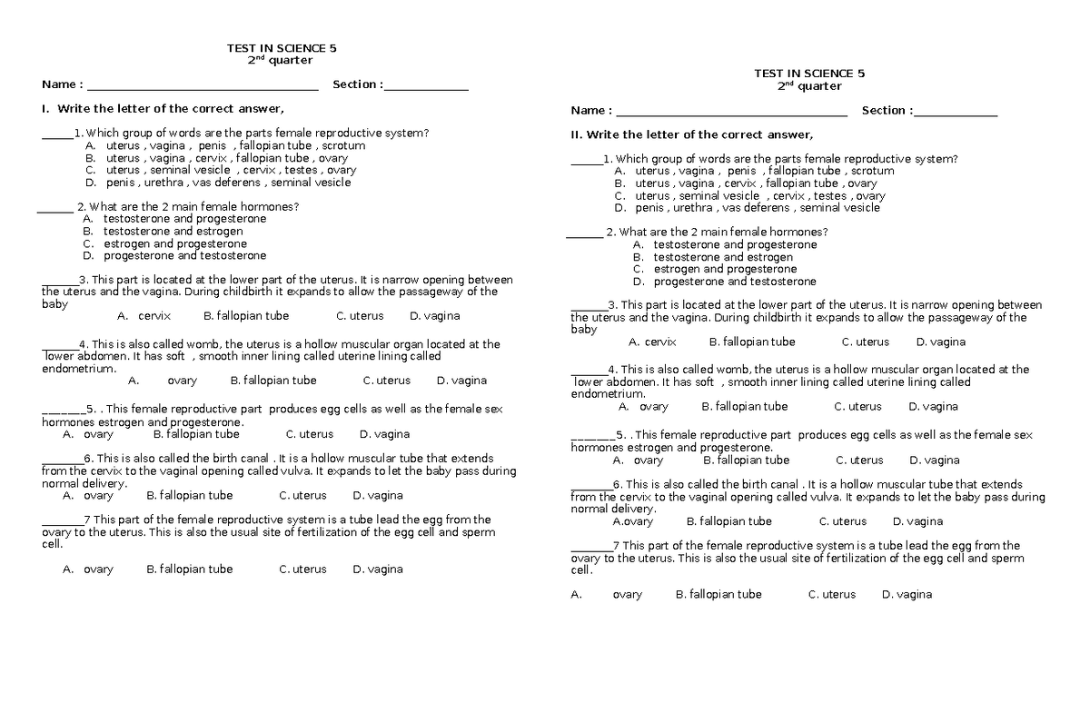 TEST IN Female Reproductive System 2ND QTR - TEST IN SCIENCE 5 2 nd ...