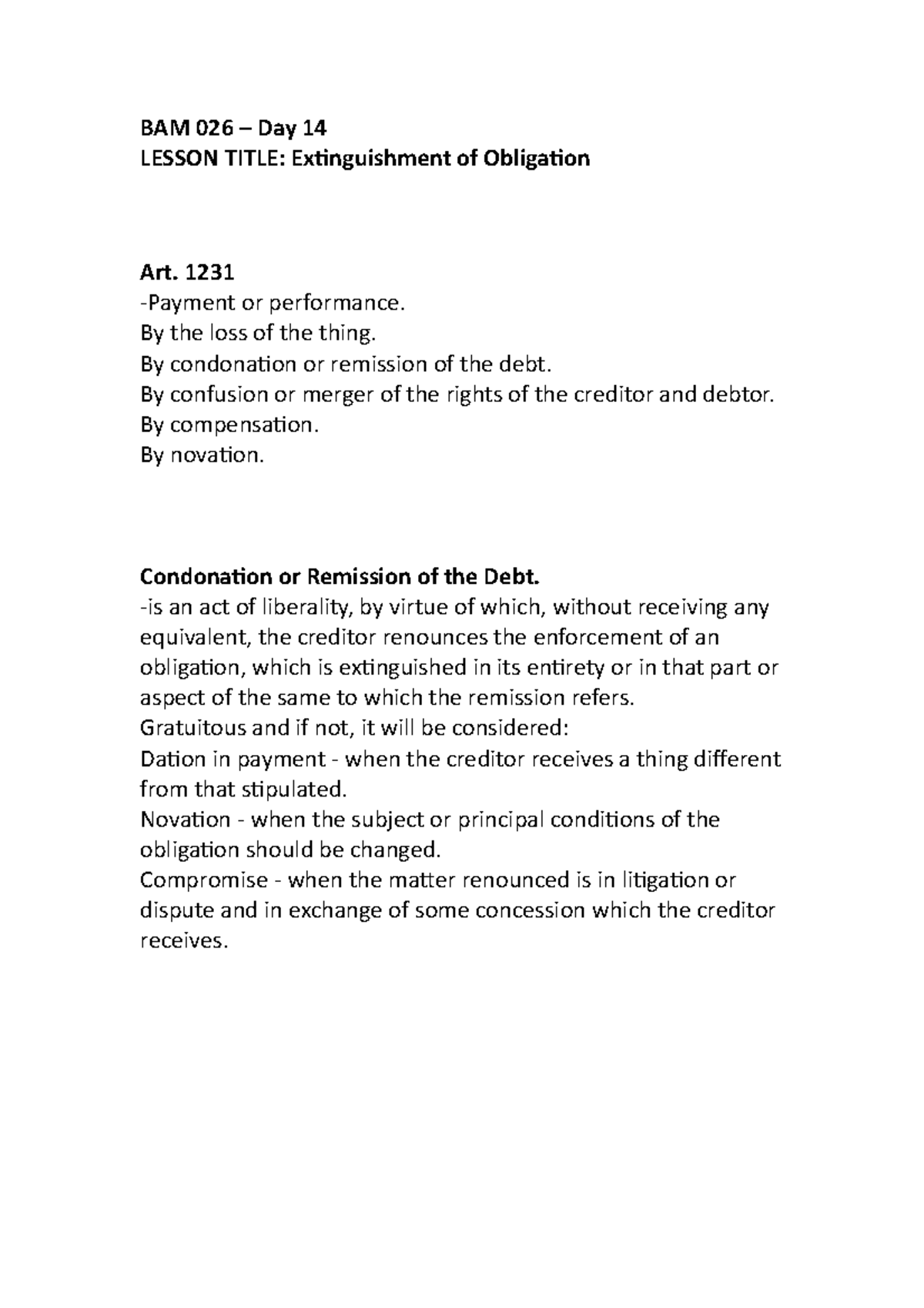 BAM 026 – Lesson on Extinguishment of Obligation (Day 14) - Studocu
