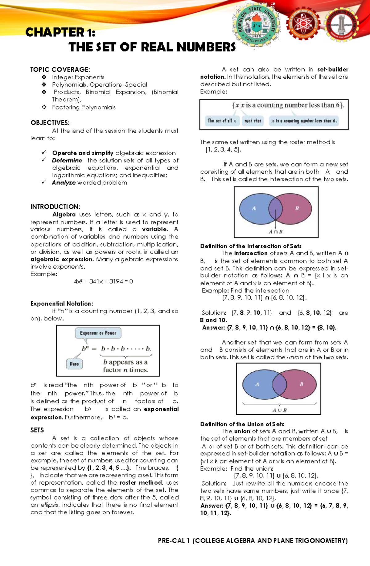 COLLEGE ALGEBRA AND PLANE TRIGONOMETRY: CHAPTER 1 - REAL NUMBERS ...