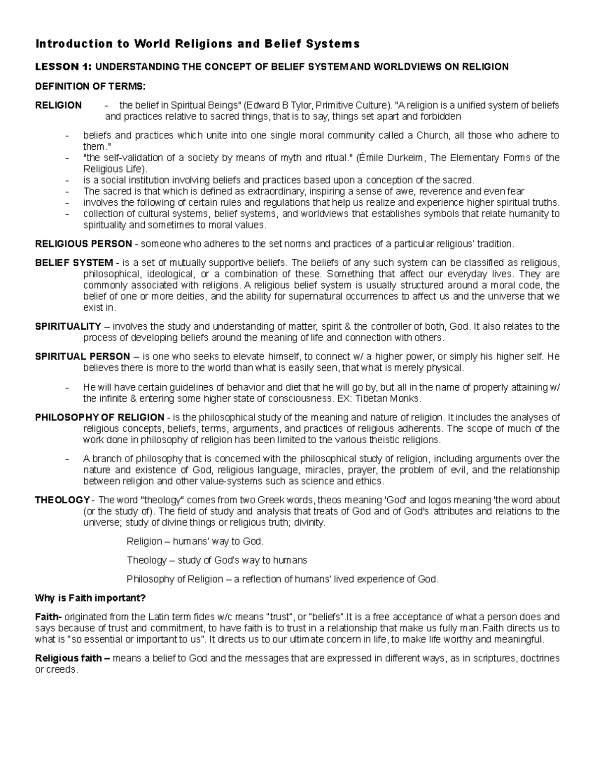 Introduction to World Religions and Belief Systems - "A religion is a ...