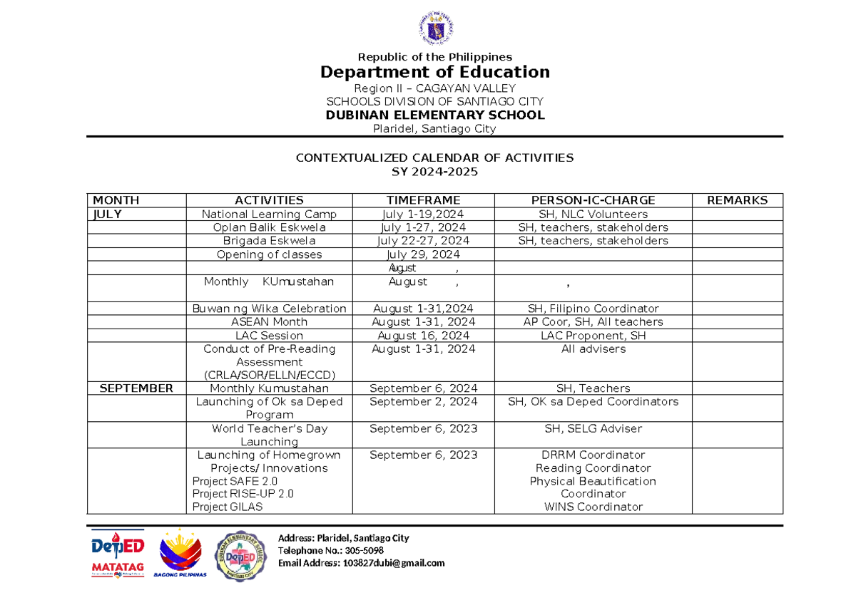 Contextualized Calendar of Activities for SY 2024-2025 at DES-2 - Studocu