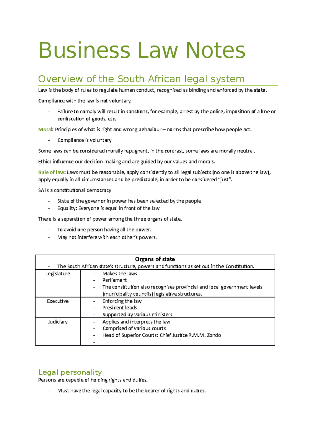 Overview of SA Legal system UCT Bus Law - Business Law Notes Overview ...