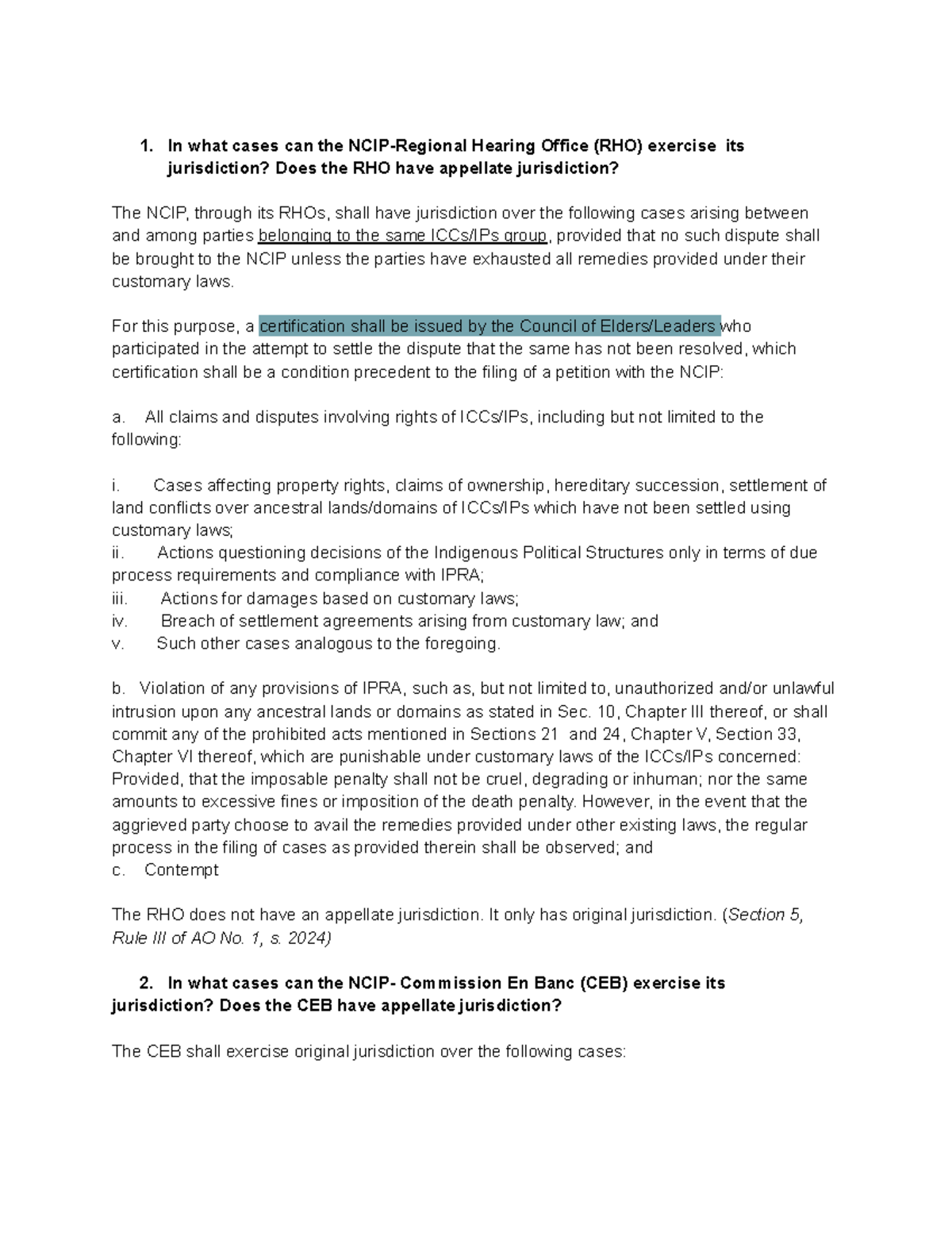 NCIP Jurisdictional Guidelines and Procedures - AO No. 1, s. 2024 - Studocu