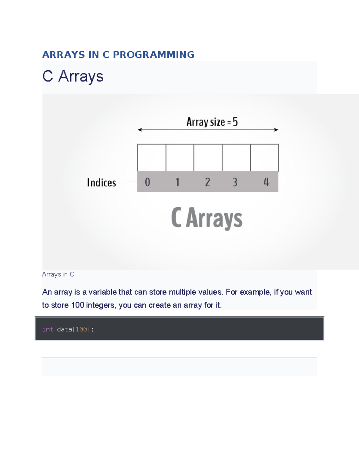 Arrays IN C Programming - ARRAYS IN C PROGRAMMING C Arrays Arrays in C An array is a variable ...