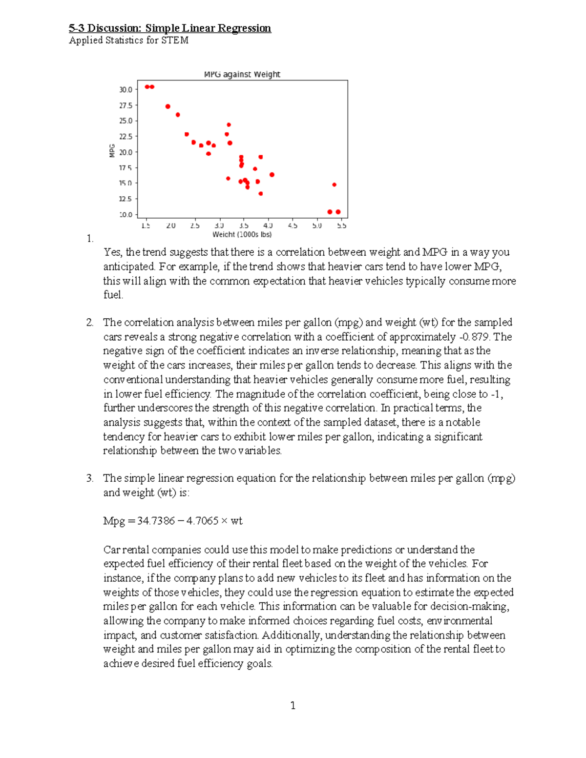 5-3 Discussion: Analyzing Simple Linear Regression in Stats for STEM - Studocu